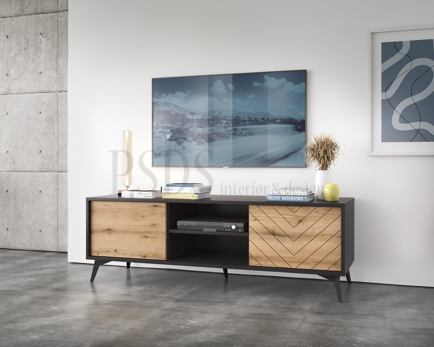 Tv-benk DIAMOND RTV154 eik + sort 2D 154 cm PSDS møbler og interiør